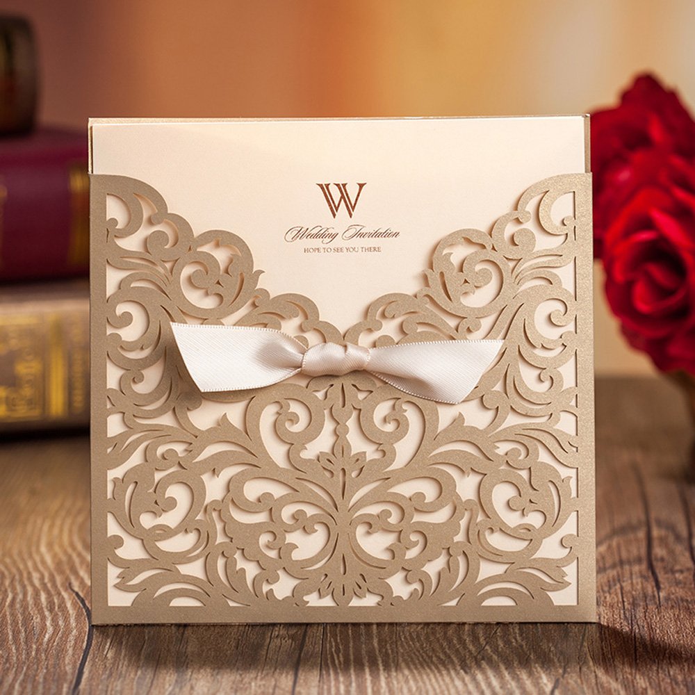 Wishmade 50x Gold Square Laser Cut Tri fold Wedding Invitations Cards 