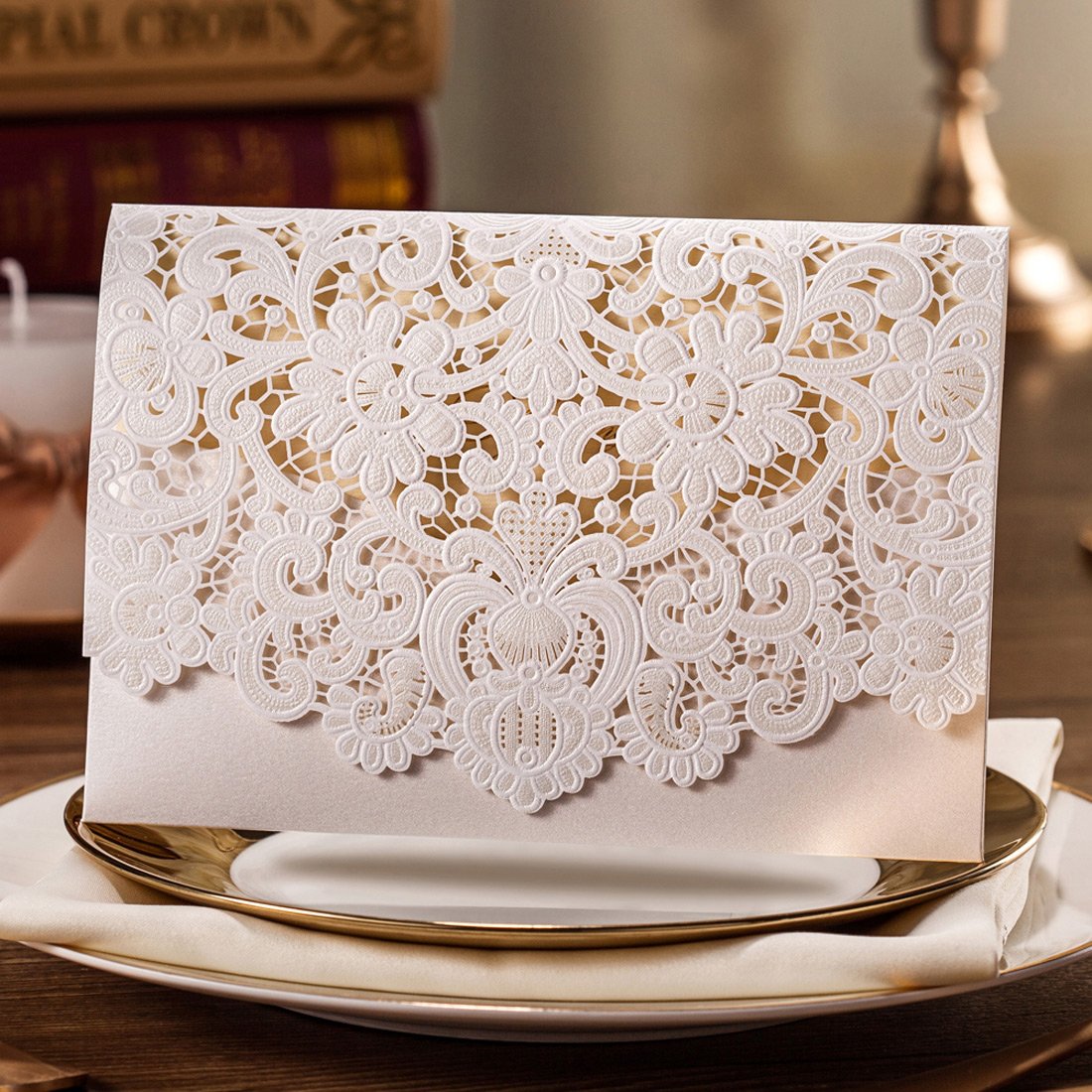 Wishmade 50pcs Ivory Laser Cut Lace Wedding Invitation Kit Card Stock 