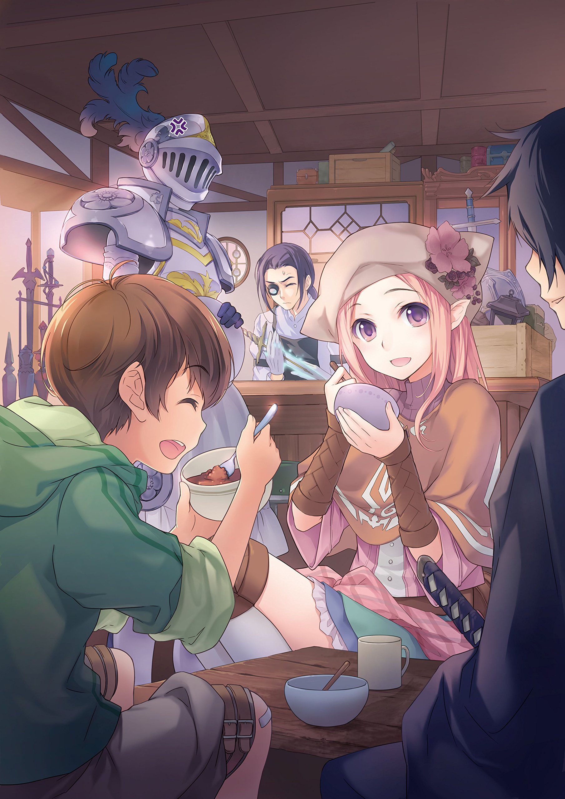 Safebooru - 2girls 3boys absurdres anger vein armor black hair bowl brown hair capelet eating ...