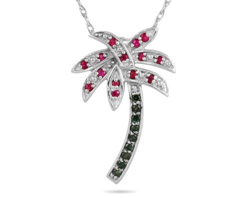 Blue Diamond and Ruby Palm Tree Pendant in 10K White Gold - FindGift.com