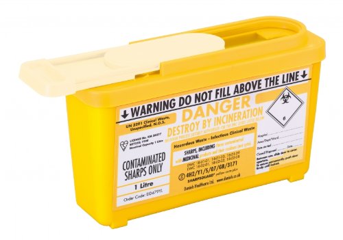 SharpsGuard Yellow Slide Lid 1 Litre Colour Coded Sharps Bin | Nakosite