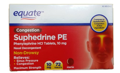 Equate Nasal Decongestant suphedrine PE Phenylephrine HCl 10mg 72ct ...