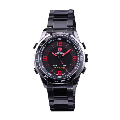 SHARK Black Stainless Steel Digital Alarm Quartz Men’s Sport Watch ...