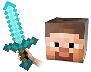 Amazon.com: Minecraft Steve Cardboard Head Mask with Foam Diamond Sword ...