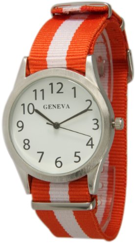 Classic Striped Fabric Band Basic Unisex Geneva Watch-Orange with White ...