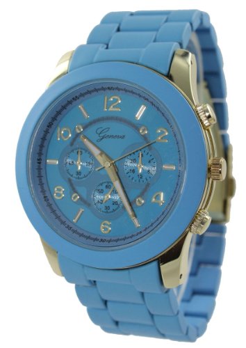 Unisex Geneva Boyfriend Chronograph Style Link Watch – Sky Blue/Gold ...