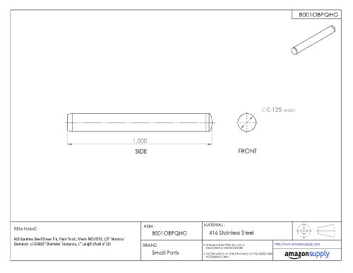 416 Stainless Steel Dowel Pin, Plain Finish, Meets MS16555, 1/8 ...