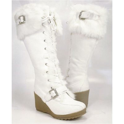Women Winter Boots - White Furry Wedge Winter Knee Boots Women---Vegan...