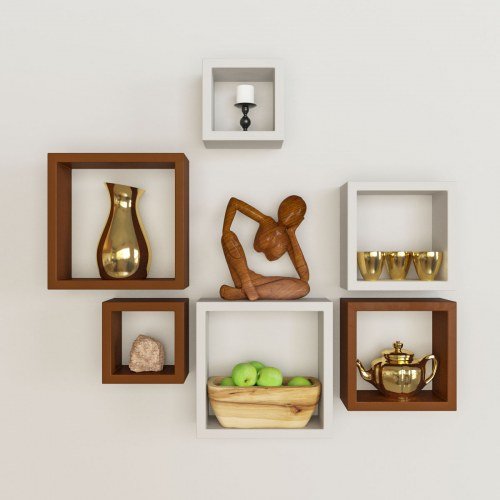 USHA Furniture Square Shape Wall Shelf set of Six (White & Brown ...
