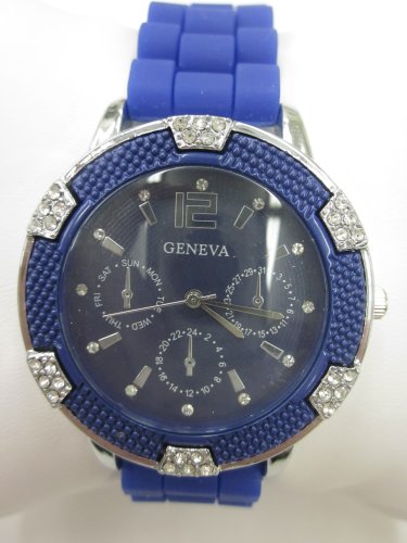 Women’s Geneva Watch Dark Blue w/ Silver Faux Chronograph Silicone ...