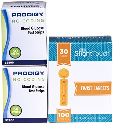 Prodigy Test Strips, 100 Count and 100 Slight Touch 30g Lancets Health ...