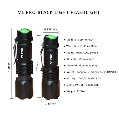 ZIMOO V1 UV Black Light Flashlight, Pets Urine Detector UV Light 3 Mode ...