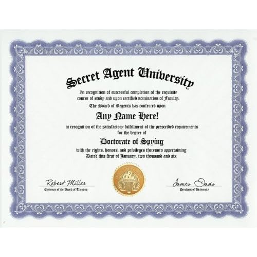 Amazon.com: Secret Agent Spy Degree: Custom Gag Diploma Doctorate ...