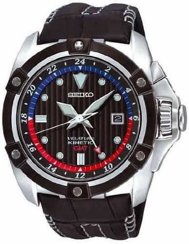 Seiko Men’s SUN013 Velatura Black Leather Strap Black Dial Watch ...