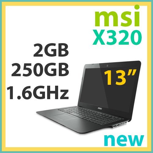 New MSI 13" X320 Intel Atom Z530 1.6GHz Netbook Notebook PC, 2GB RAM 250GB HDD, WIFI Bluetooth ...
