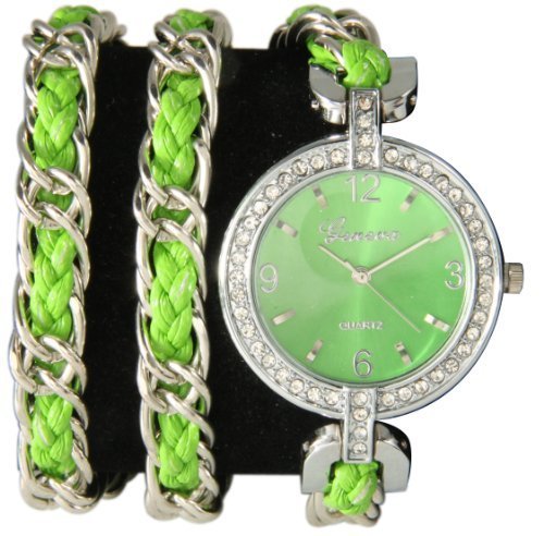 Geneva Lime Green w/ Silver Twisted Rope Chain Triple Wrap Watch Toggle ...