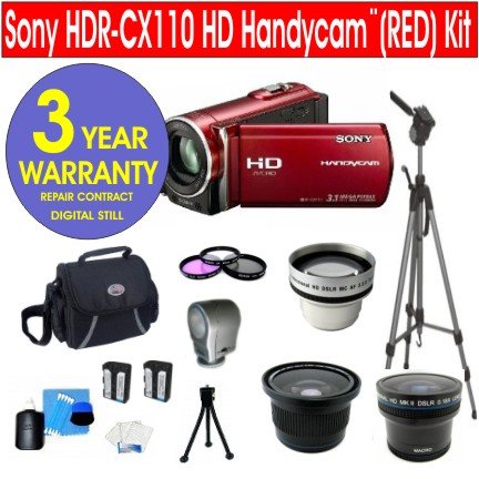 Sony HDR-CX110 HD Handycam¨ Camcorder (RED) + 3.5X Telephoto Zoom Lens ...