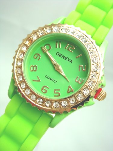 Mens & Womens Lime Green Gold Face Silicone Crystal Small Watch ...