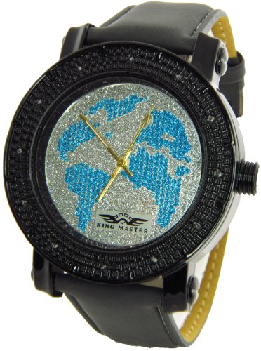 Mens King Master Genuine Diamond Watch World Map Black Case Dark Gray ...