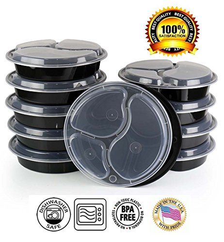 (10 Pack) Round 3 Compartment Microwavable Food Container with Lid ...