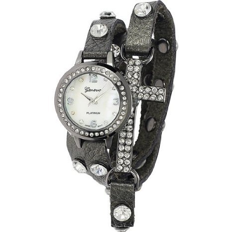 Ladies Geneva Rhinestone-accented Gunmetal Cross Wrap Around Watch ...