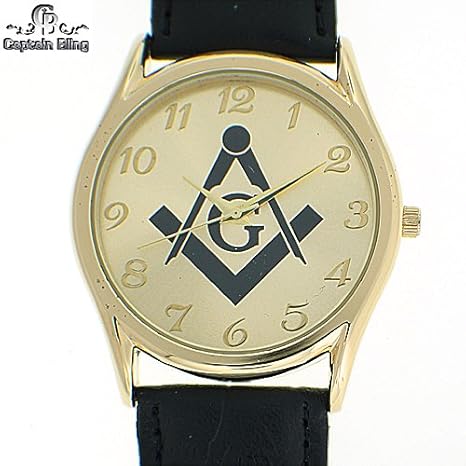 Round Masonic Logo Gold Tone Genuine Leather Strap Quartz Analog Symbol ...