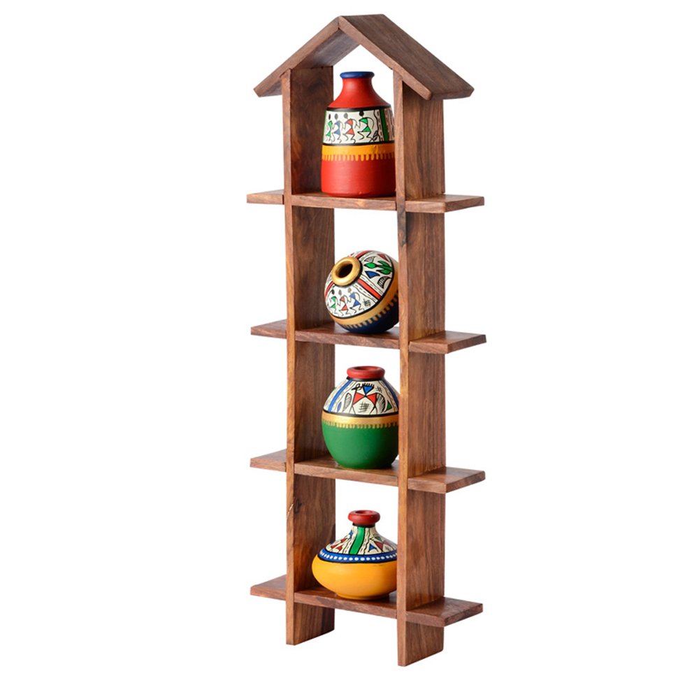 ExclusiveLane 4 Terracotta Warli Handpainted Pots With Sheesham Wooden ...