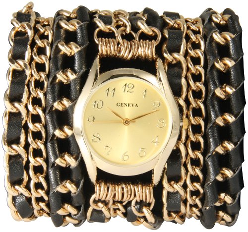 Geneva Multi Chain Leather Ribbon Wrap Watch with Gold Face – Black ...