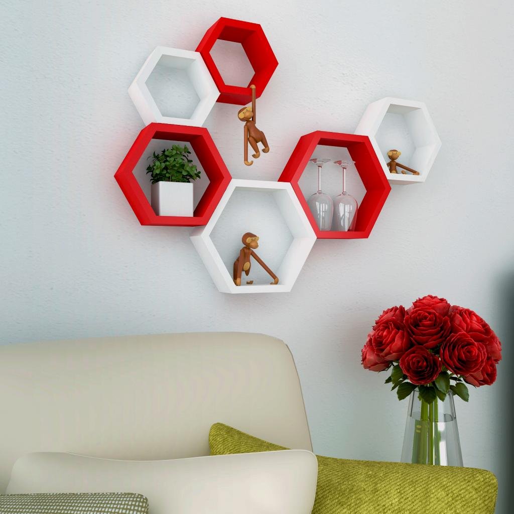 DecorNation Beehive Wall Shelf Set of 6 (Red & White ...