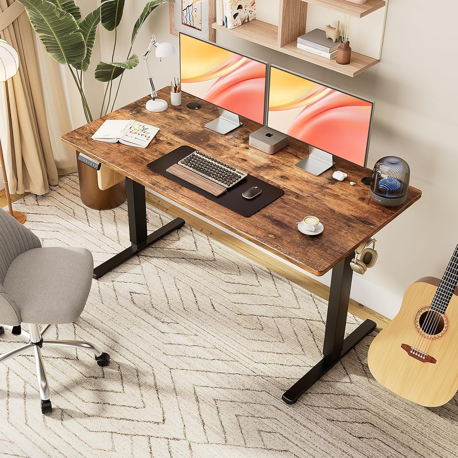 40" Brown Electric Height Adjustable Desk Home Office Standing Computer ...